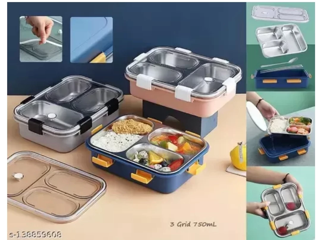 "Leak Proof 3 Compartment Stainless Steel Lunch Box with Removable ...