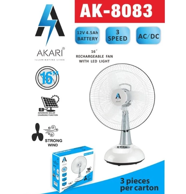 Akari Rechargeable Fan AK-8083: 16-Inch with LED Light